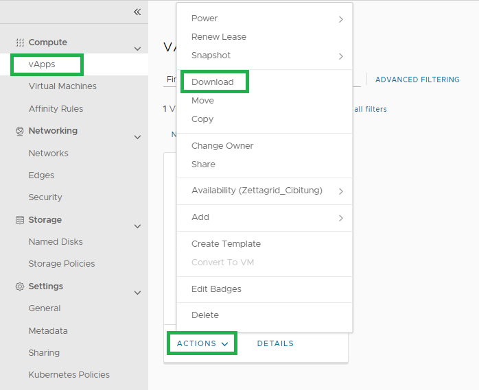 Download/Export vApp – Zettagrid Indonesia Support